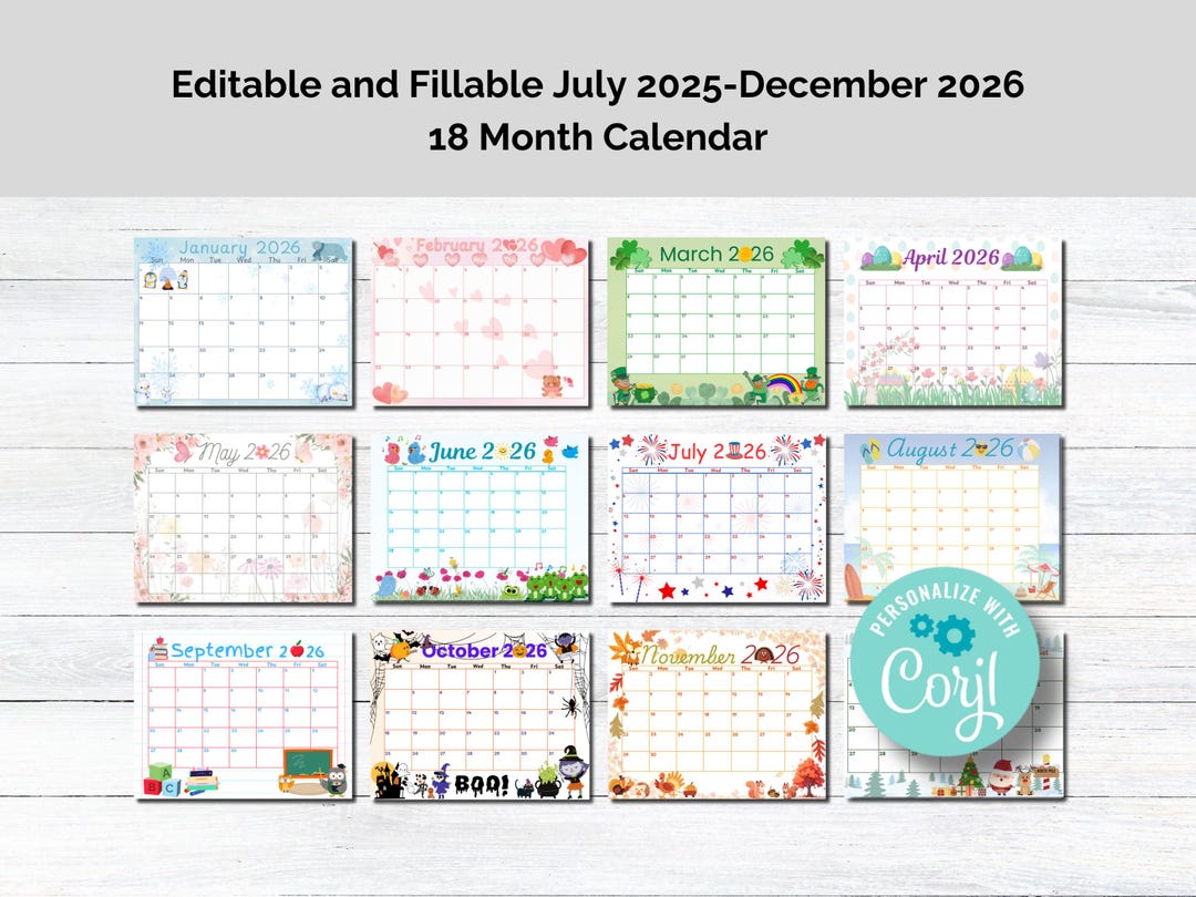 Editable and Fillable 18 Month July 2025-december 2026 Calendar - Etsy ...