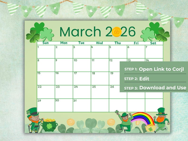 Editable March Calendar 2026- Fun Printable Planner for St Patricks Day ...