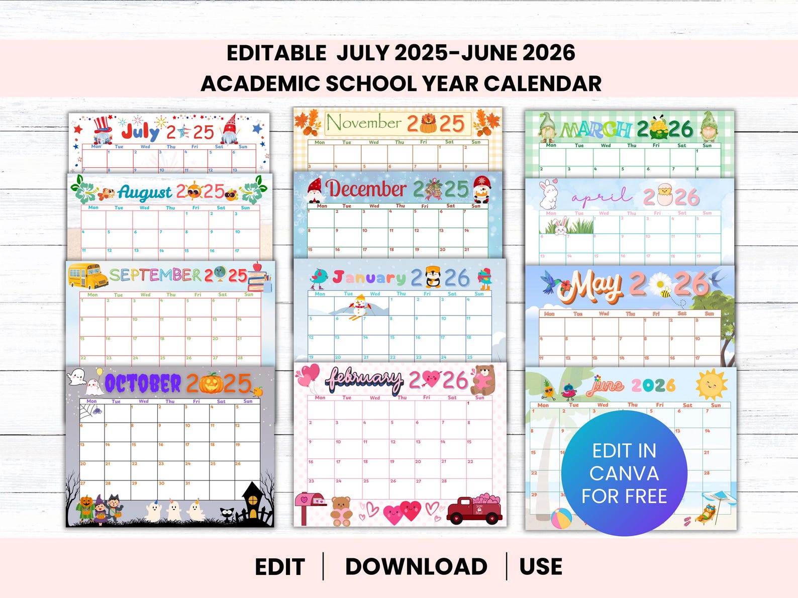 Editable School Year Calendar 2025-2026: Colorful Academic Planner (digital Download) - Etsy