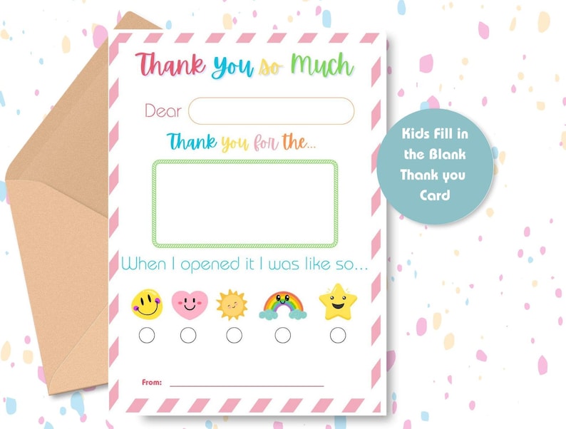 Kids Fill-in Thank You Card: Printable Birthday Holiday Note (PDF) - Etsy