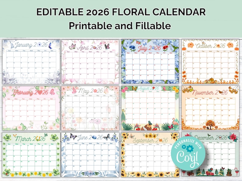 Editable 2026 Floral Calendar| Printable and Fillable - Etsy
