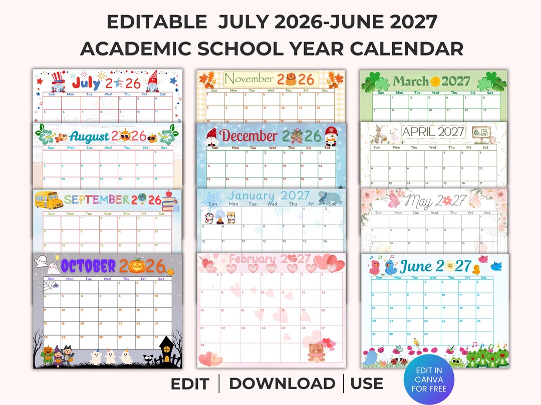 Editable Academic School Year Calendar, July 2026-june 2027 Planner ...