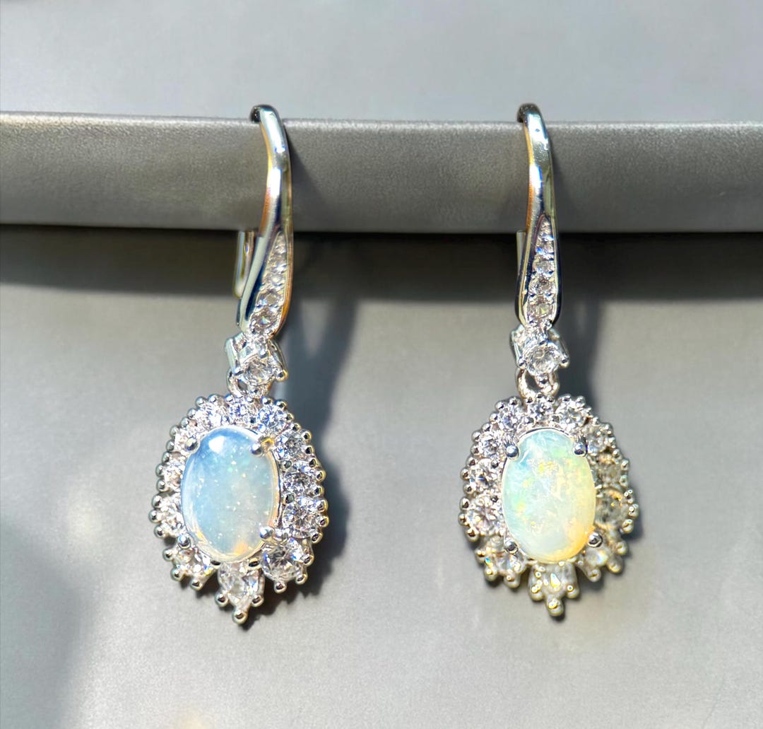 Australian Opal Earrings: Natural Gems, Sterling Silver, Halo Dangle ...