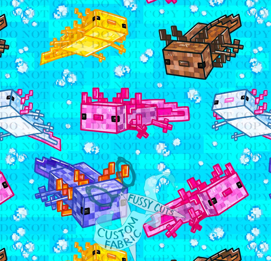 Block Style Axolotls on Blue - Custom Print Fabric - Novelty Animal ...