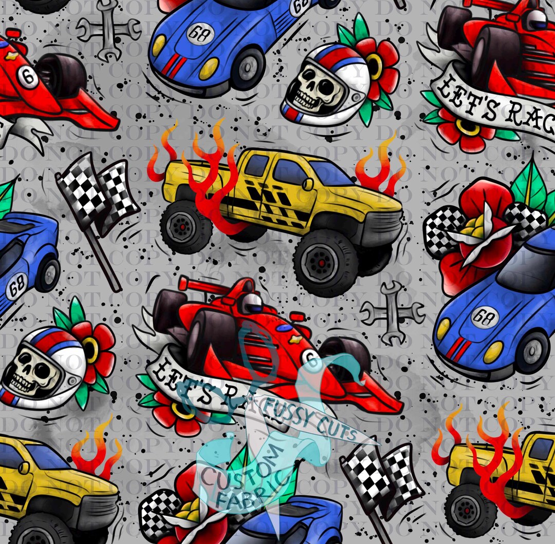 Race Cars on Grey Custom Print Fabric Race Car Fabric - Etsy