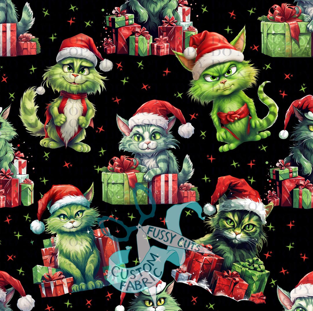 Mean Green Christmas Cats - Custom Print Fabric - Novelty Christmas ...