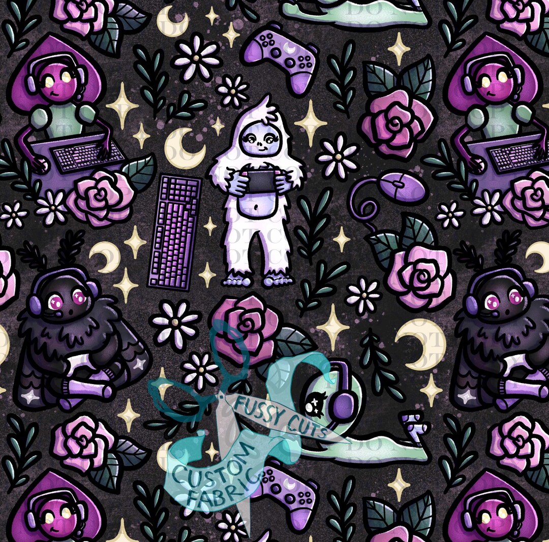 Cozy Cryptids Gaming on Charcoal - Custom Print Fabric - Cryptid Fabric ...