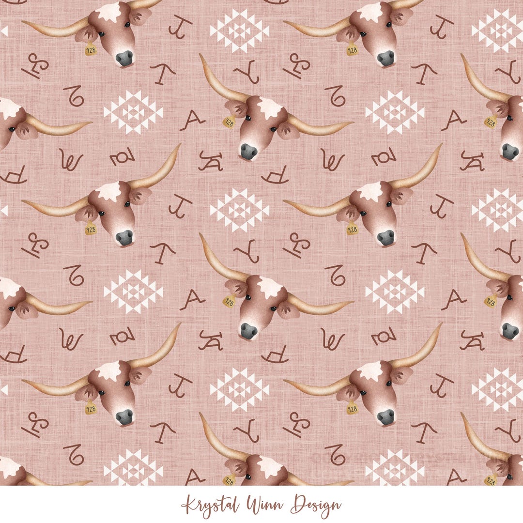Longhorns on Pink - Custom Print Fabric - Wild West Collection - Etsy