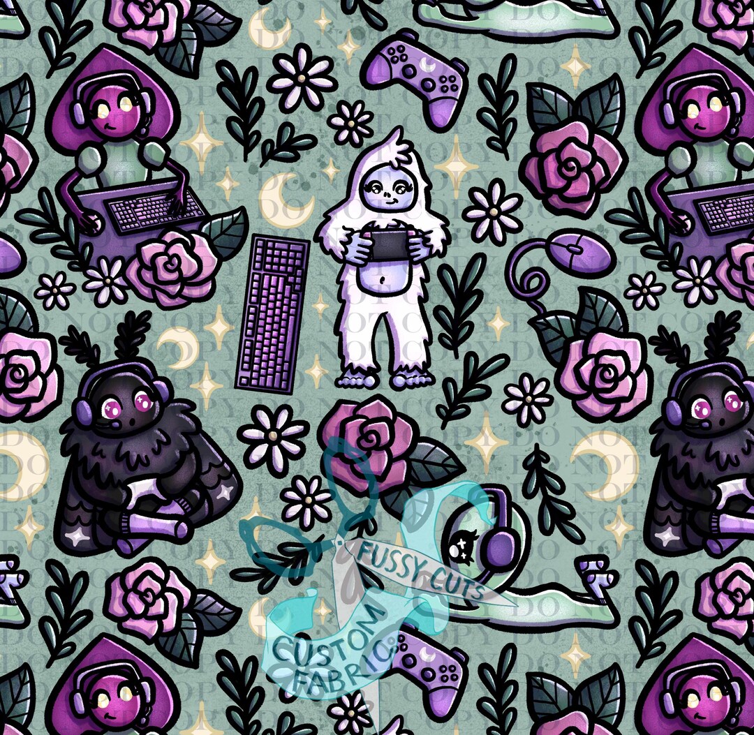 Cozy Cryptids Gaming on Green - Custom Print Fabric - Cryptid Fabric - Etsy