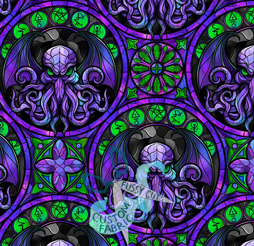 Stain Glass Cthulhu in Purple and Green - Custom Print Fabric - Glass ...