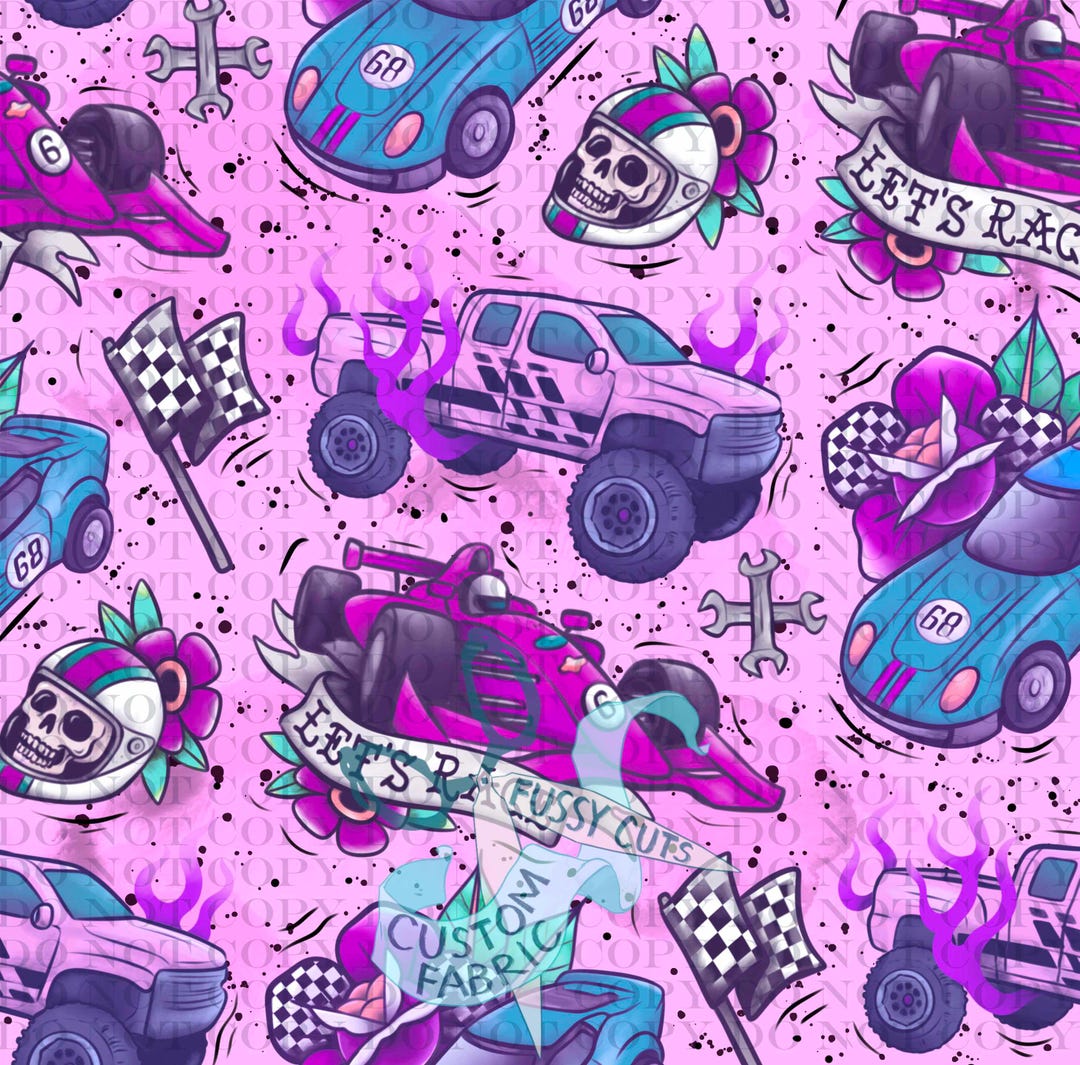 Race Cars on Pink - Custom Print Fabric - Race Car Fabric - Etsy