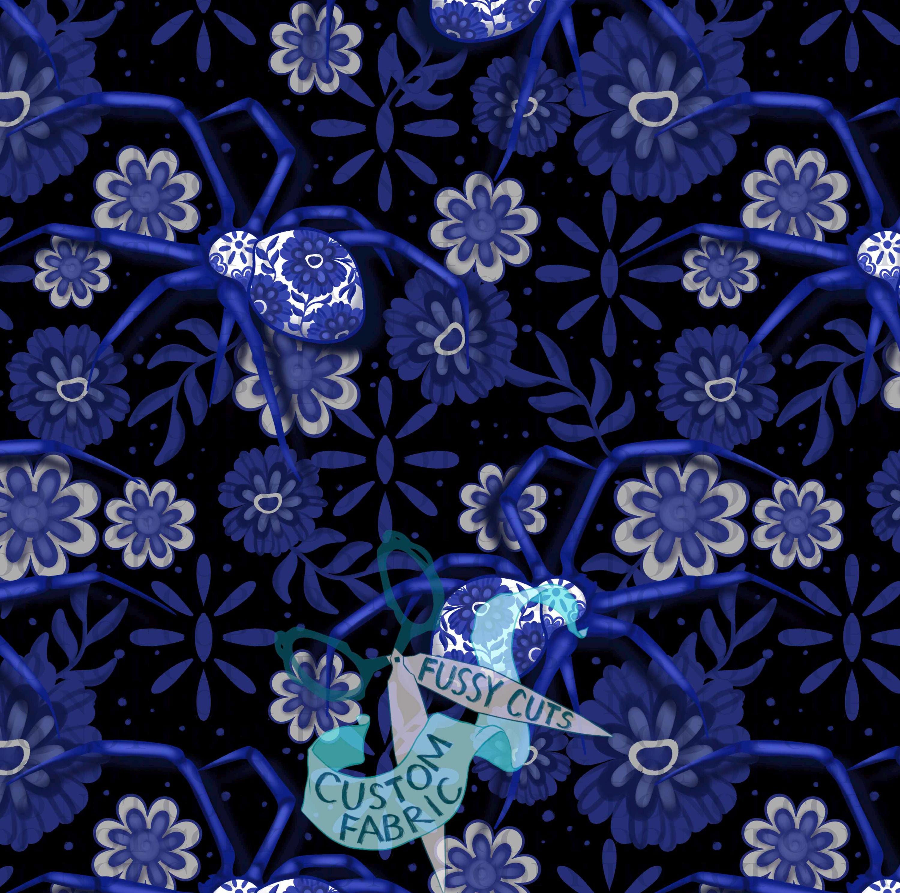 Porcelain Floral Spiders on Black - Custom Print Fabric - Floral Spider ...