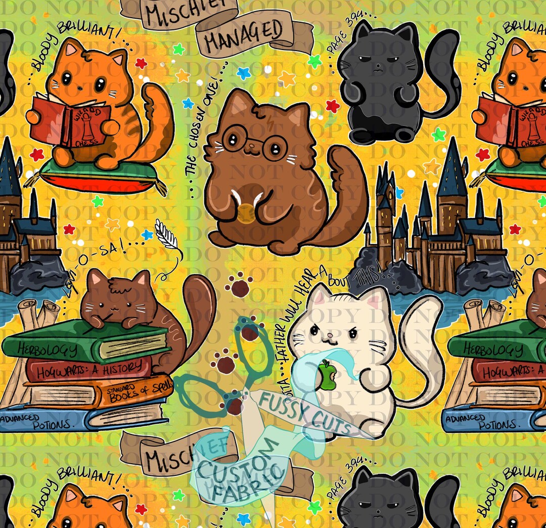 Magic School Kitties on Yellow - Custom Print Fabric - Wizard School ...