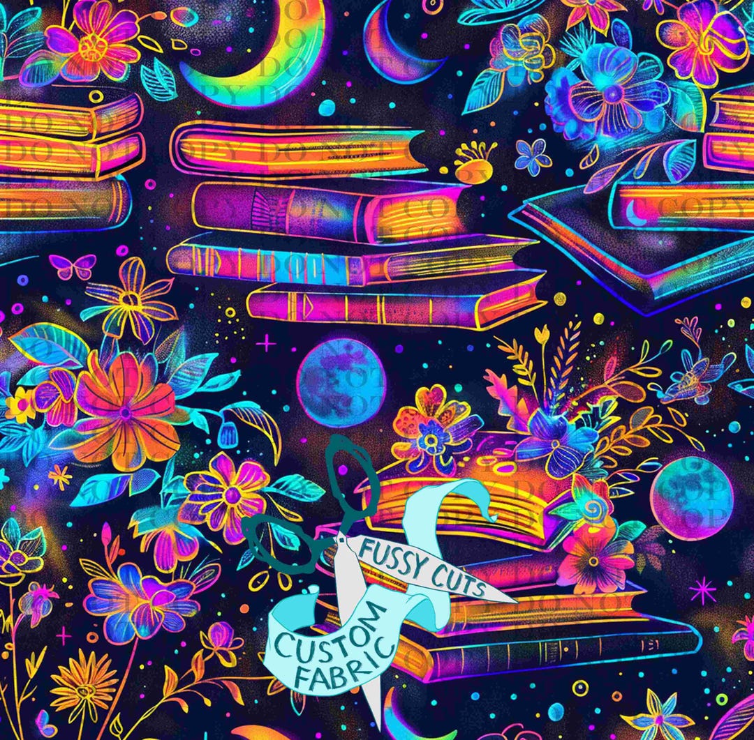 Neon Books and Flowers - Custom Print Fabric - Book Prints - Etsy