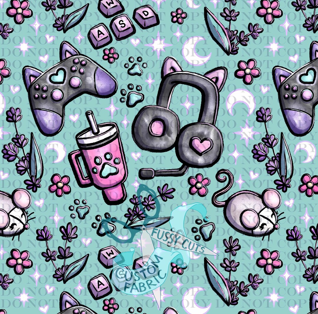 Kitty Gamer on Teal - Custom Print Fabric - Gaming Fabric - Etsy