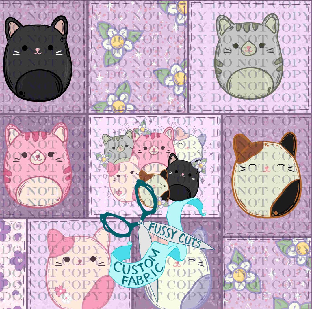 Quilted Squishy Cats on Purple - Custom Print Fabric - Novelty Kitty ...