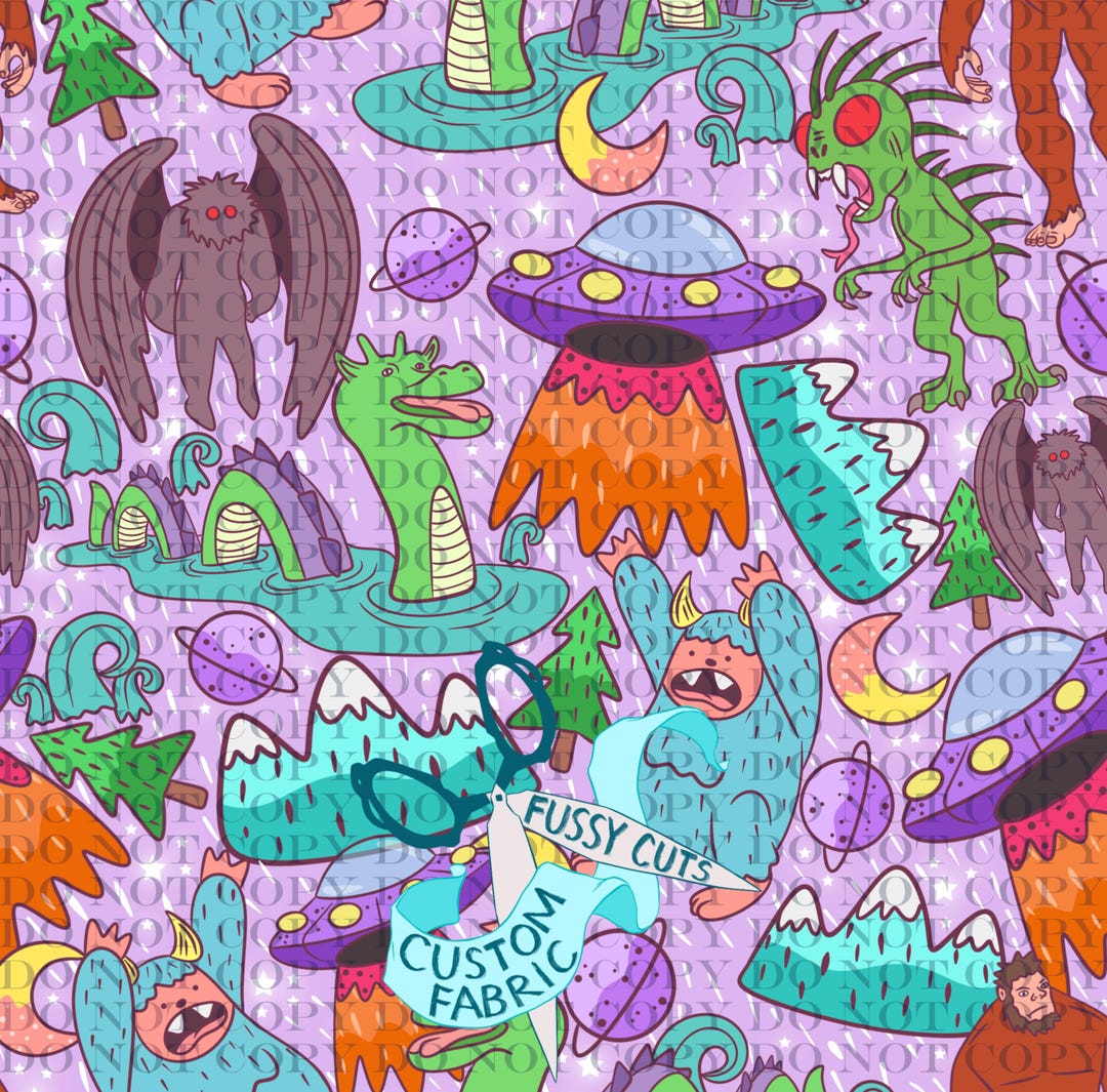 Cute Cryptids on Purple - Custom Print Fabric - Cryptid Fabric - Etsy