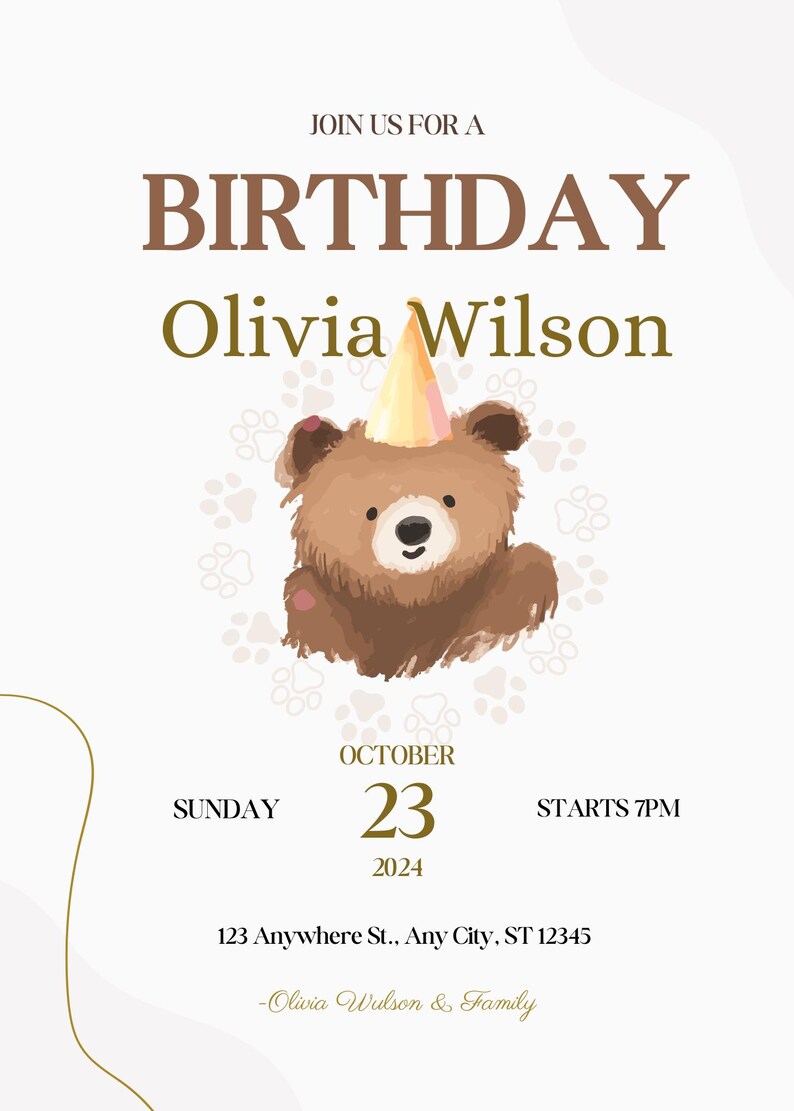 Bear Invitation, Birthday Invitation, Cute Invitation, Bear, Invitation ...