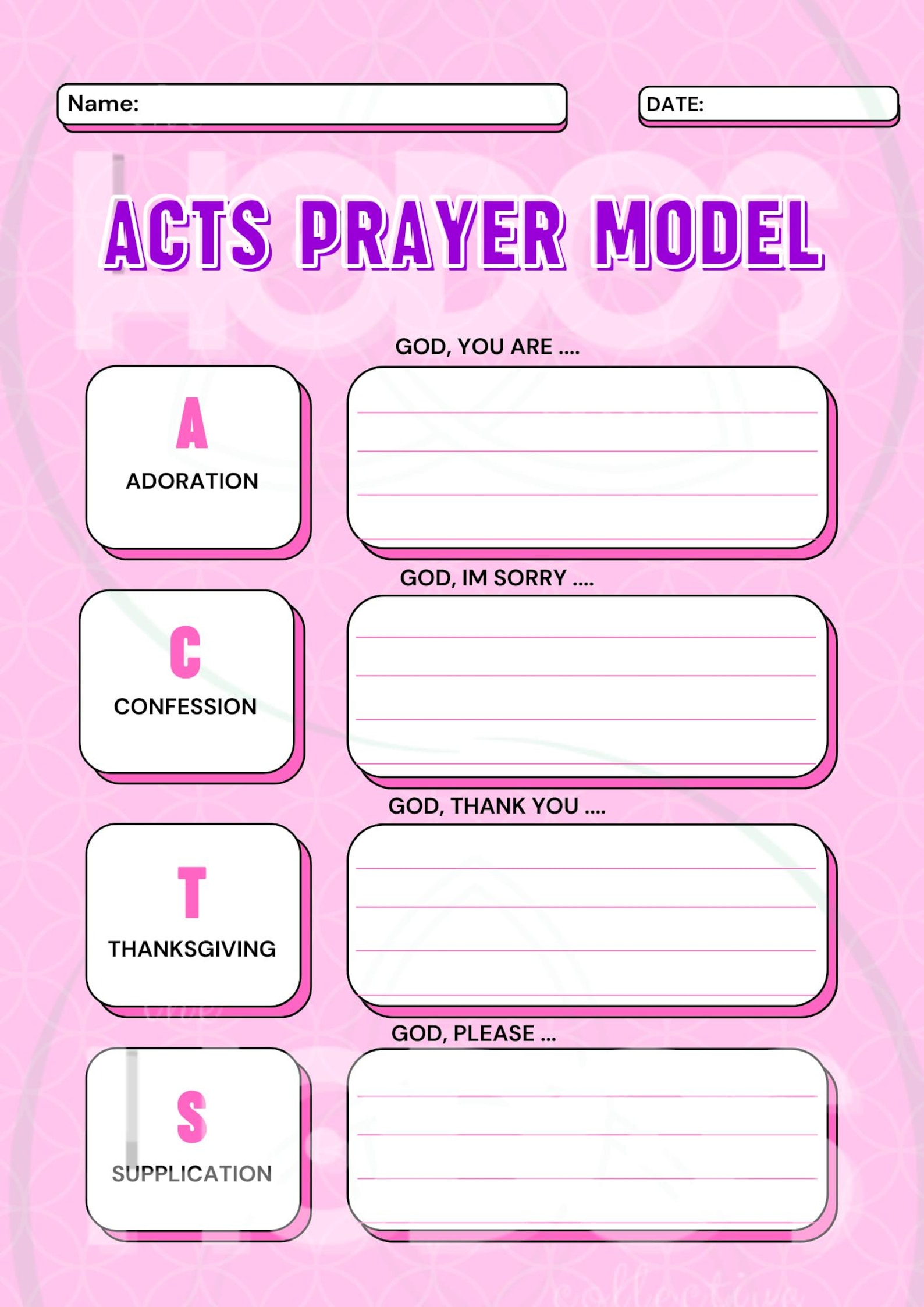 ACTS Prayer Model Christian Work Sheet Prayer Guide Girl Pink - Etsy
