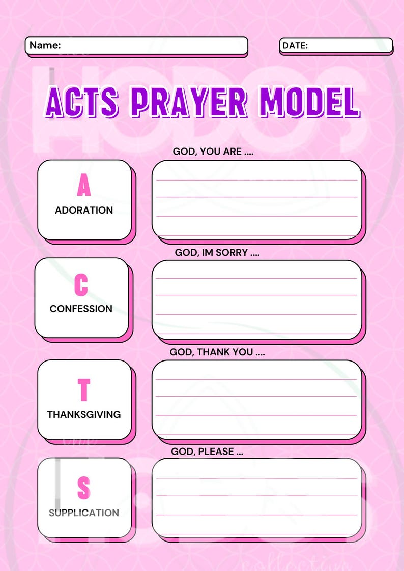 ACTS Prayer Model Christian Work Sheet Prayer Guide Girl Pink - Etsy
