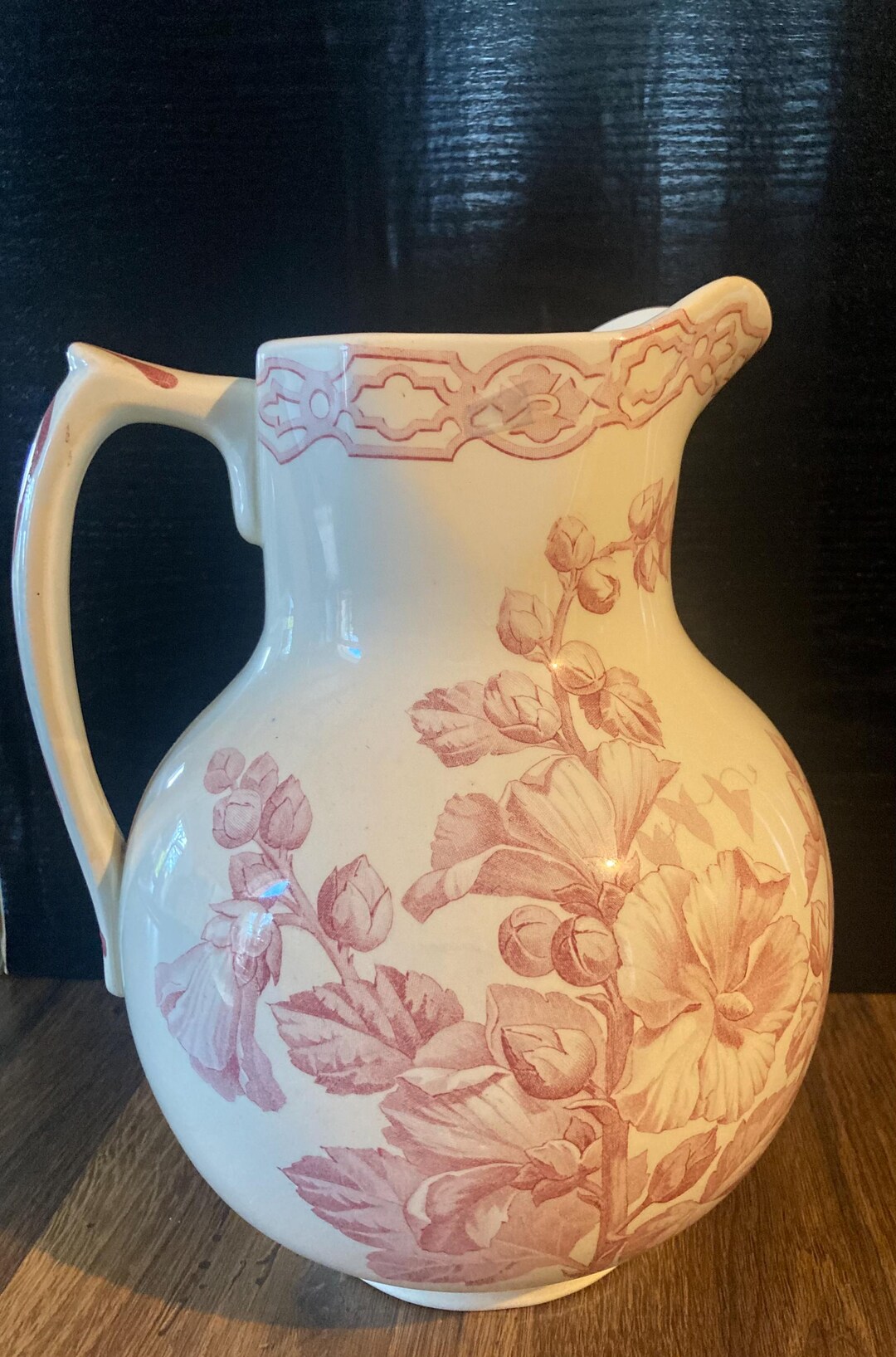 Large Antique Ironstone Pitcher – Hollyhock Decoration – France, Late ...