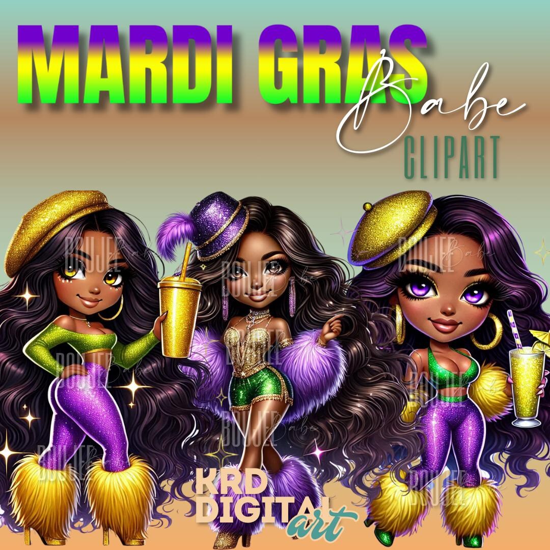 Mardi Gras Boujee Girl Clipart, Cute Black Girl PNG, Chibi Art, PNG ...