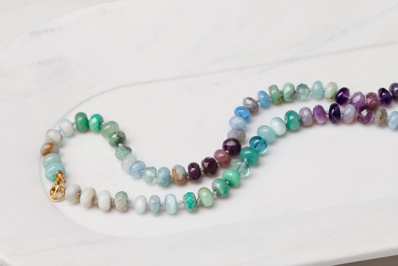 Multi Gemstone Necklace: Silk Knotted, Amethyst, Opal, Aquamarine ...