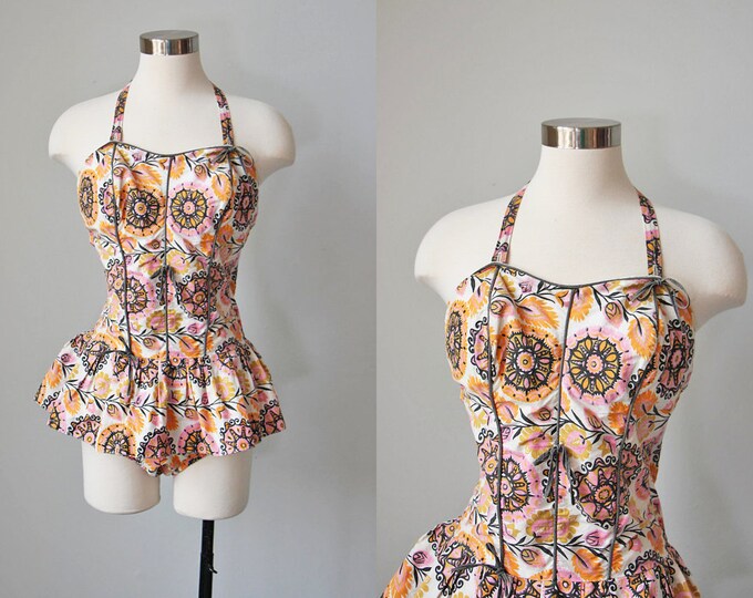 1950s Swimsuit 50s Bathing Suit Floral Print Halter Cotton - Etsy