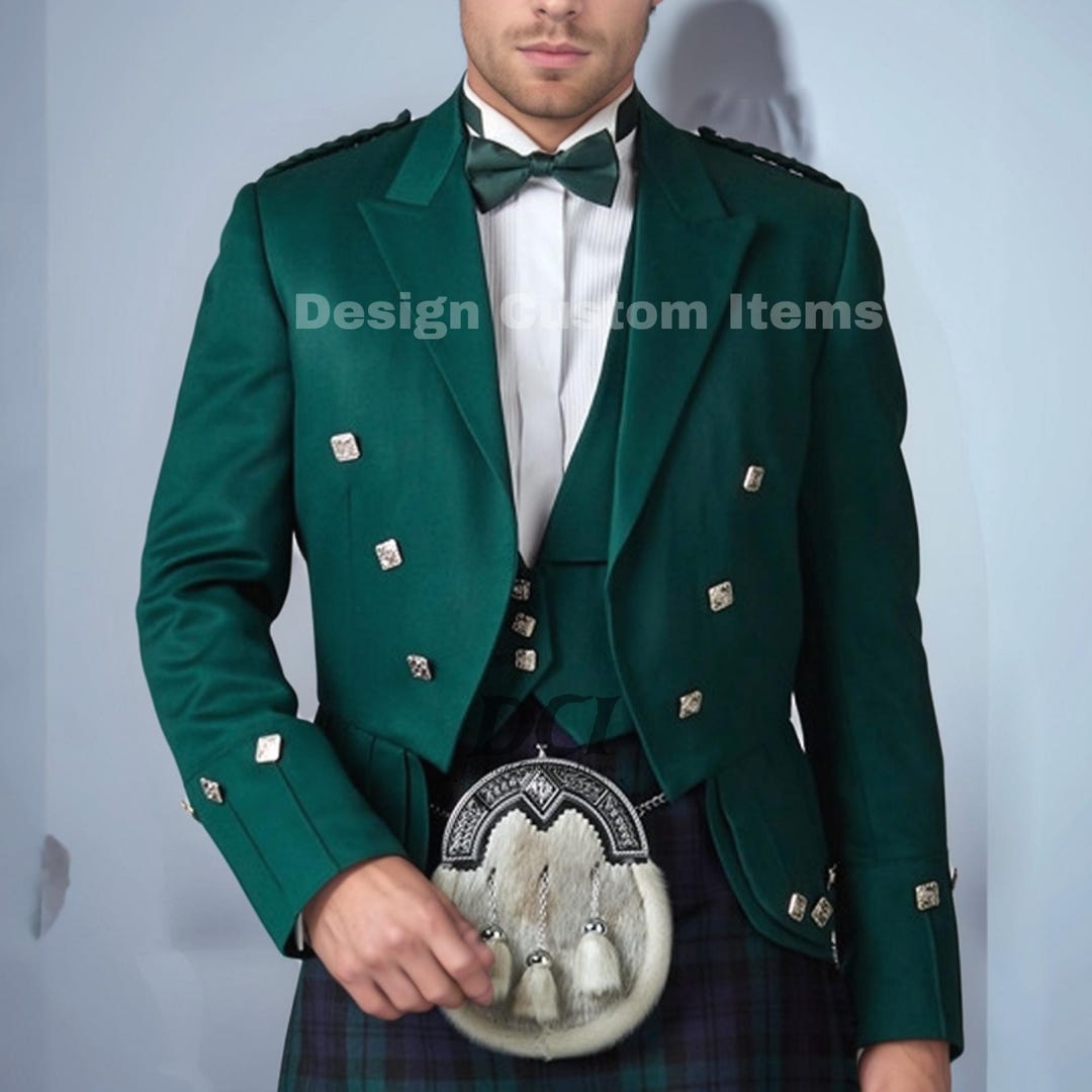 New Handmade Kilt Jacket With Waistcoat | Green Kilt Jacket | Jacket ...