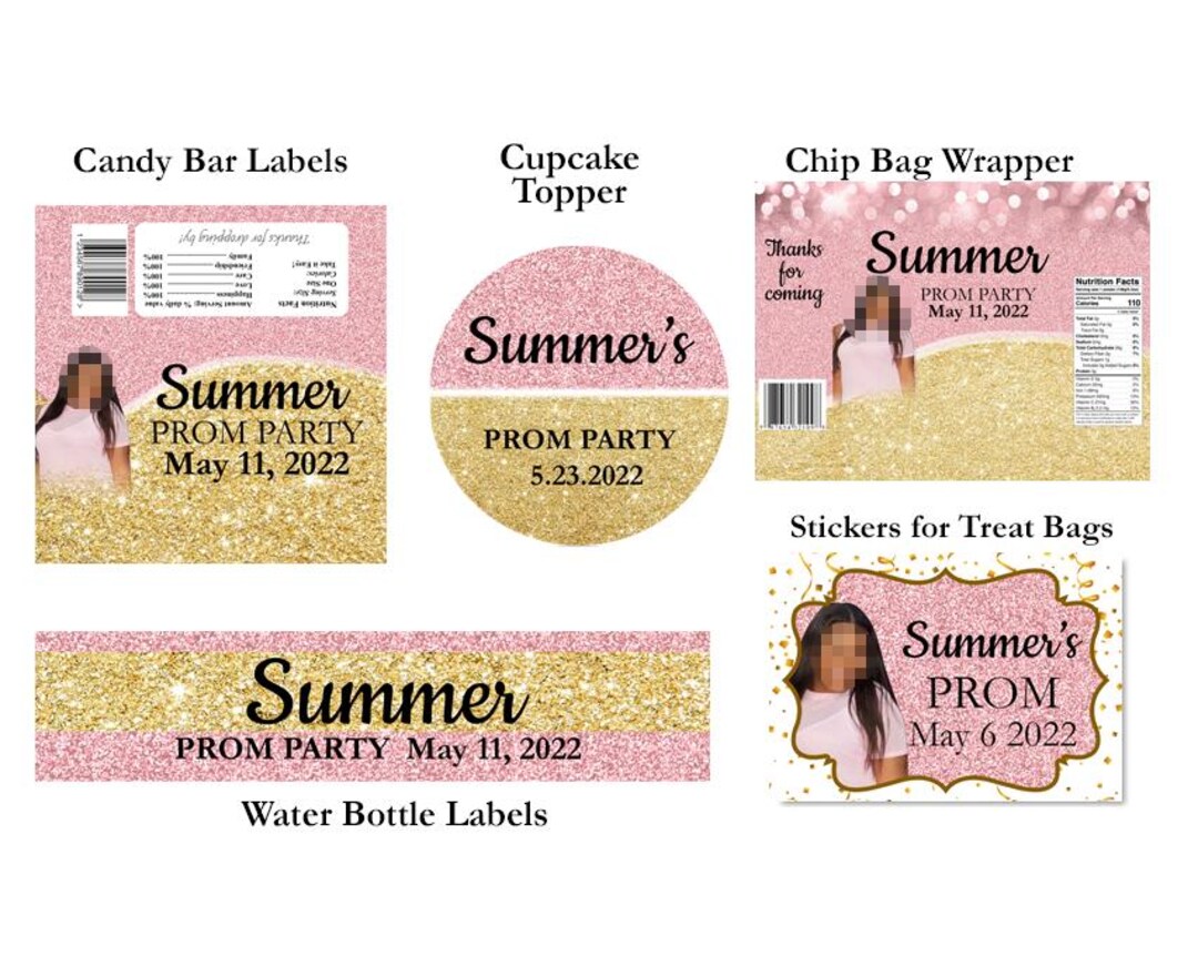 Pink Gold Prom Night - Candy Bar Wrapper, Cupcake Topper, Water Bottle ...