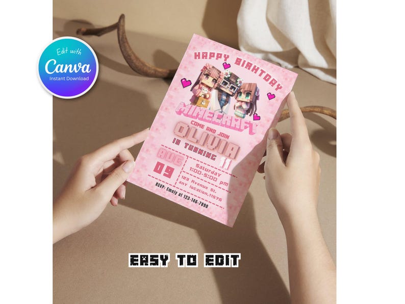 Girl Minecrafter Birthday Invitation, Pink Minecraft Invite for Boy and ...