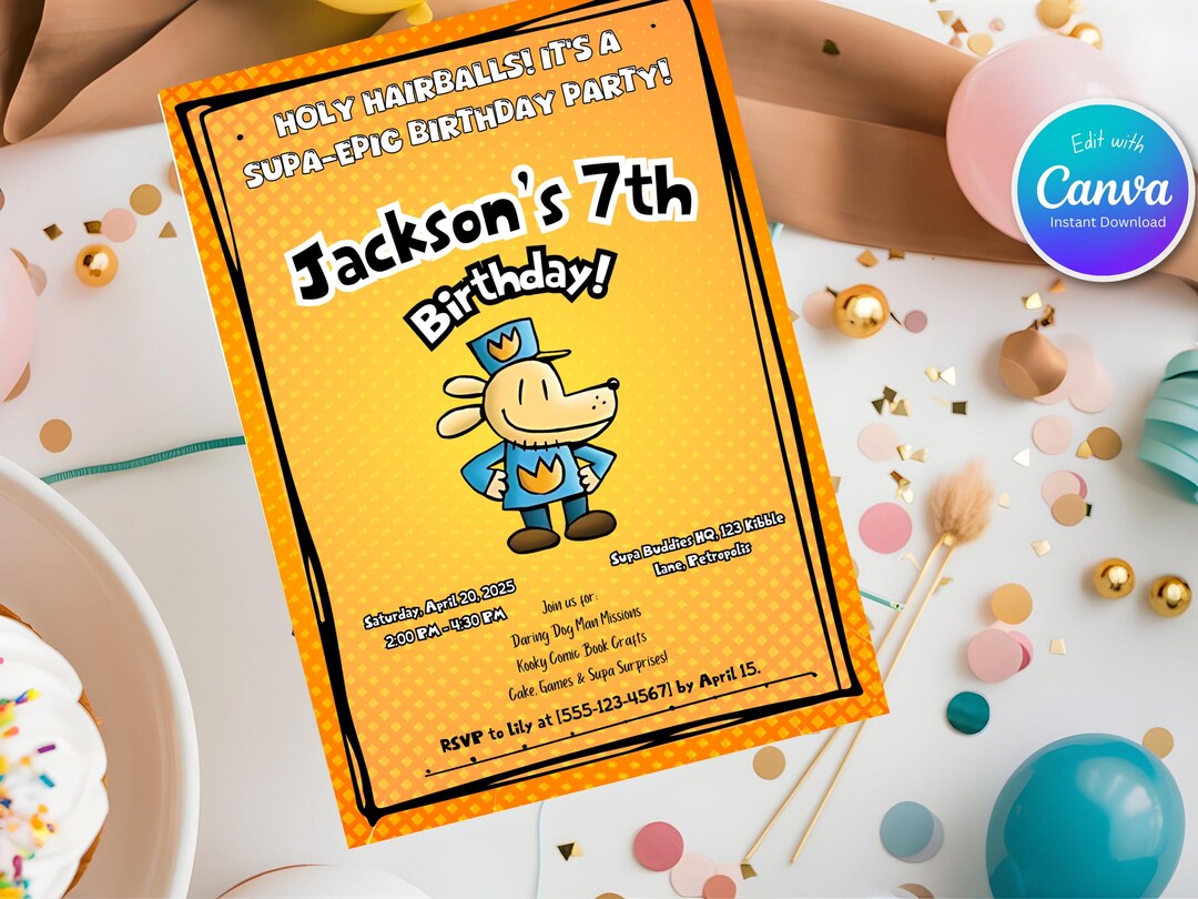 Editable Dog Man Birthday Invitation Template | Custom Printable Kids ...