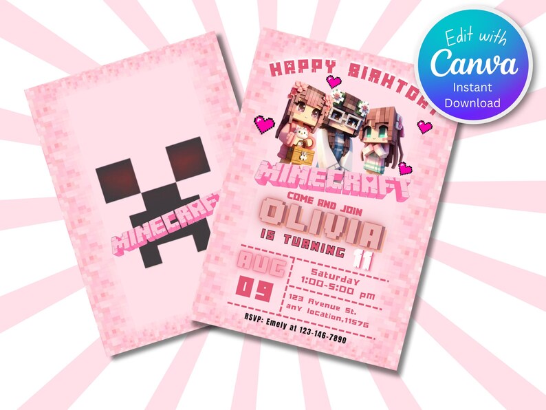 Girl Minecrafter Birthday Invitation, Pink Minecraft Invite for Boy and ...