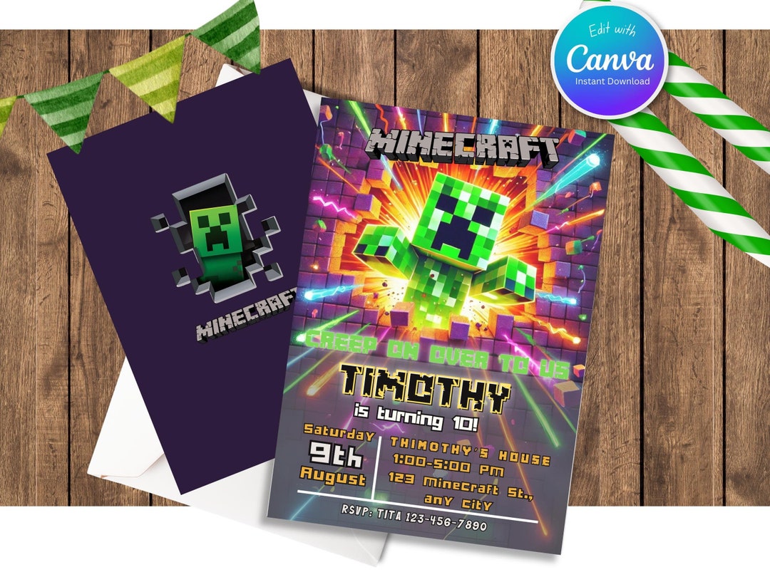 Minecraft Birthday Invitation Template Editable Creeper-themed Party ...