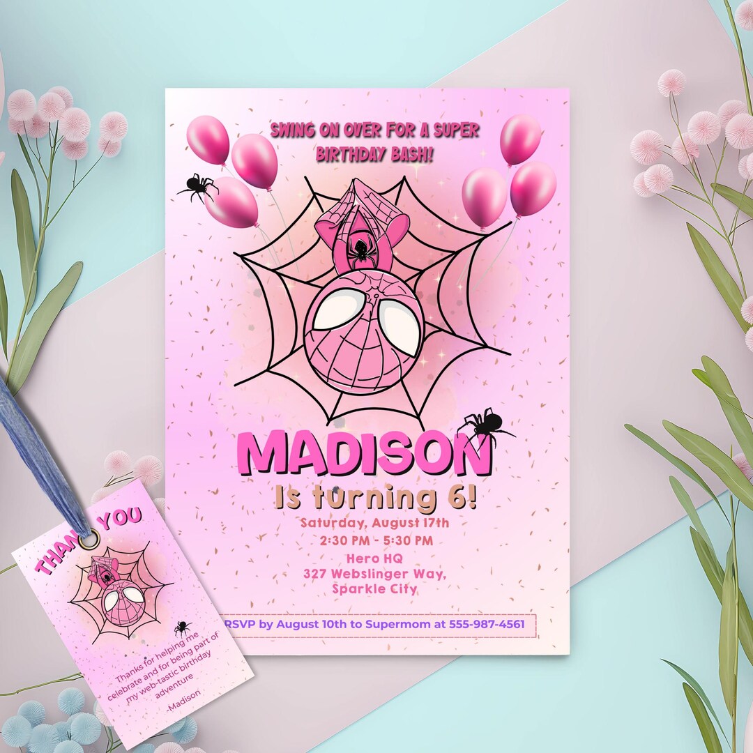 Spidey Girl Editable Birthday Invitation, Pink Spider Girl Superhero ...