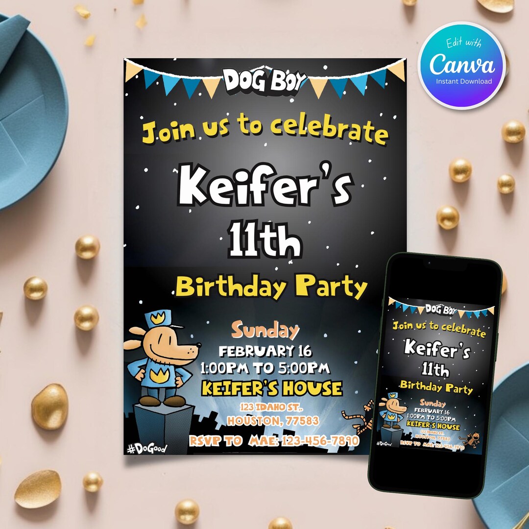 Comic Hero Pup Birthday Invitation Template | Editable Kids Party Card ...