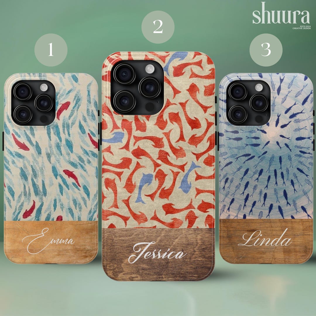 Personalized Fish Pattern Phone Case,custom Name Ocean Design With Wood ...