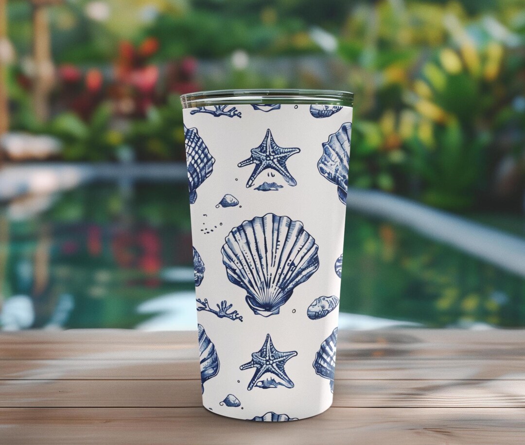 Nautical 20 Oz Coastal Chinoiserie Tumbler, Nautical Print, Seashell ...