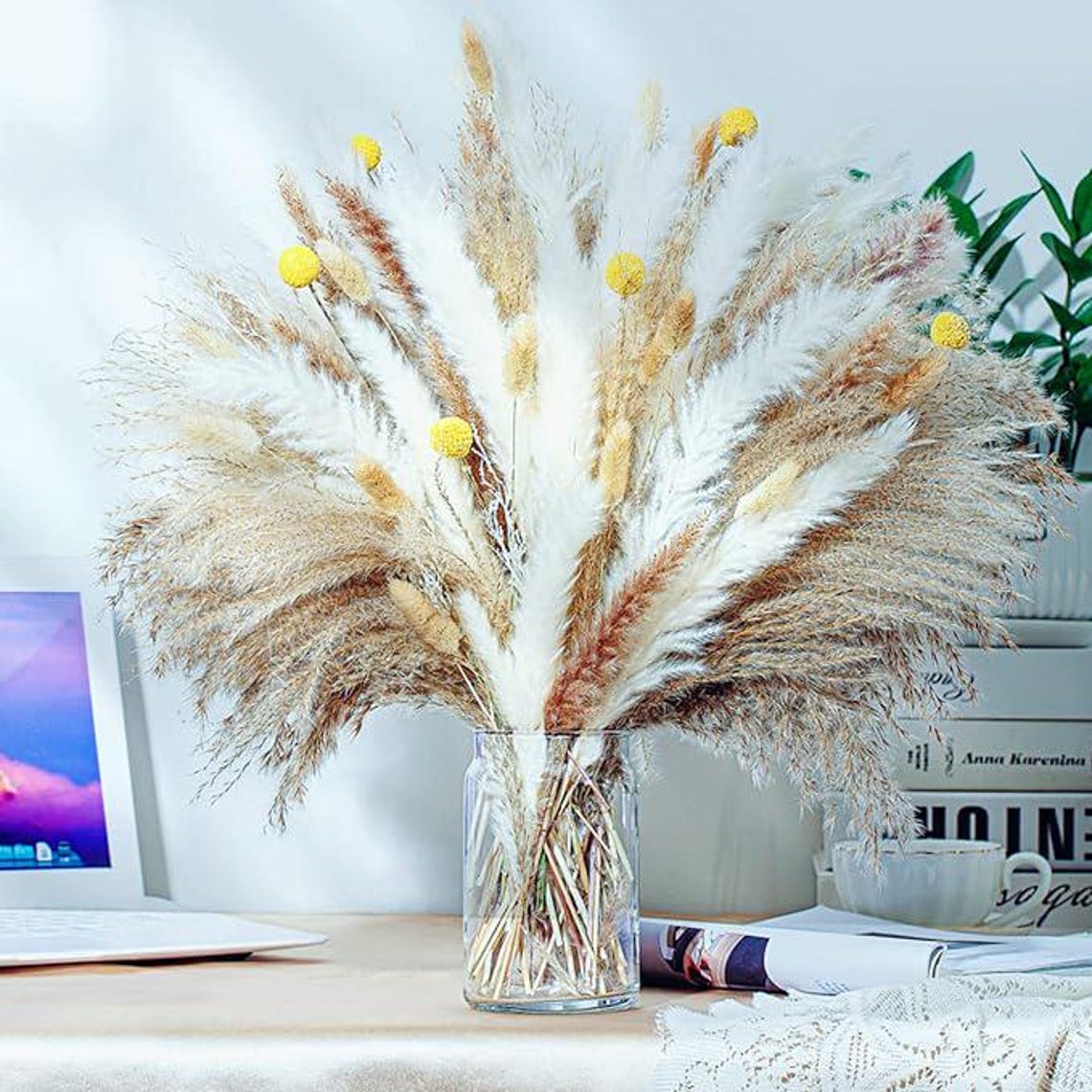 100PCS Natural Dried Pampas Grass Decor - 17.5" Fluffy Pampas Grass ...