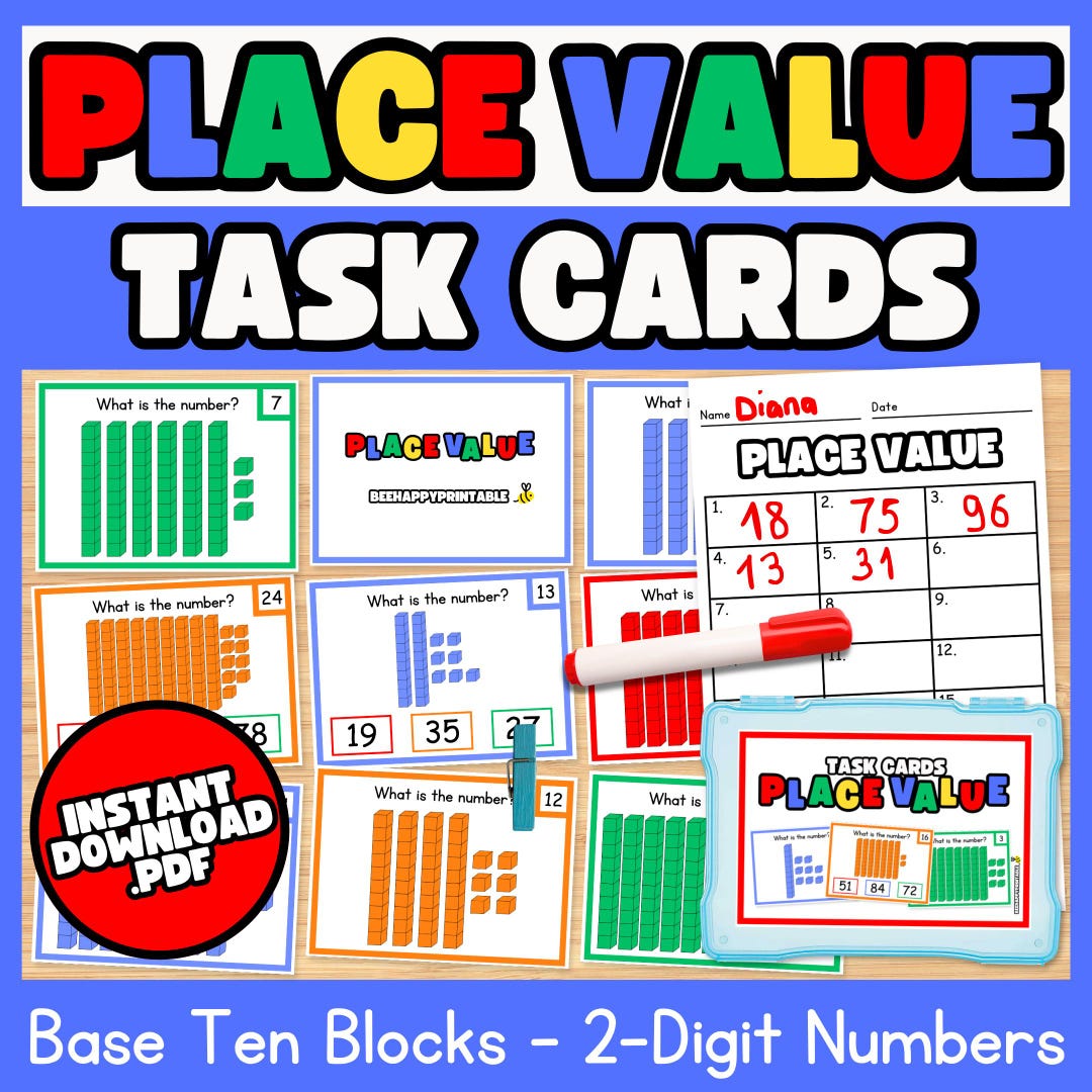 Place Value Task Cards, Base Ten Blocks Worksheets, 2-digit Numbers ...