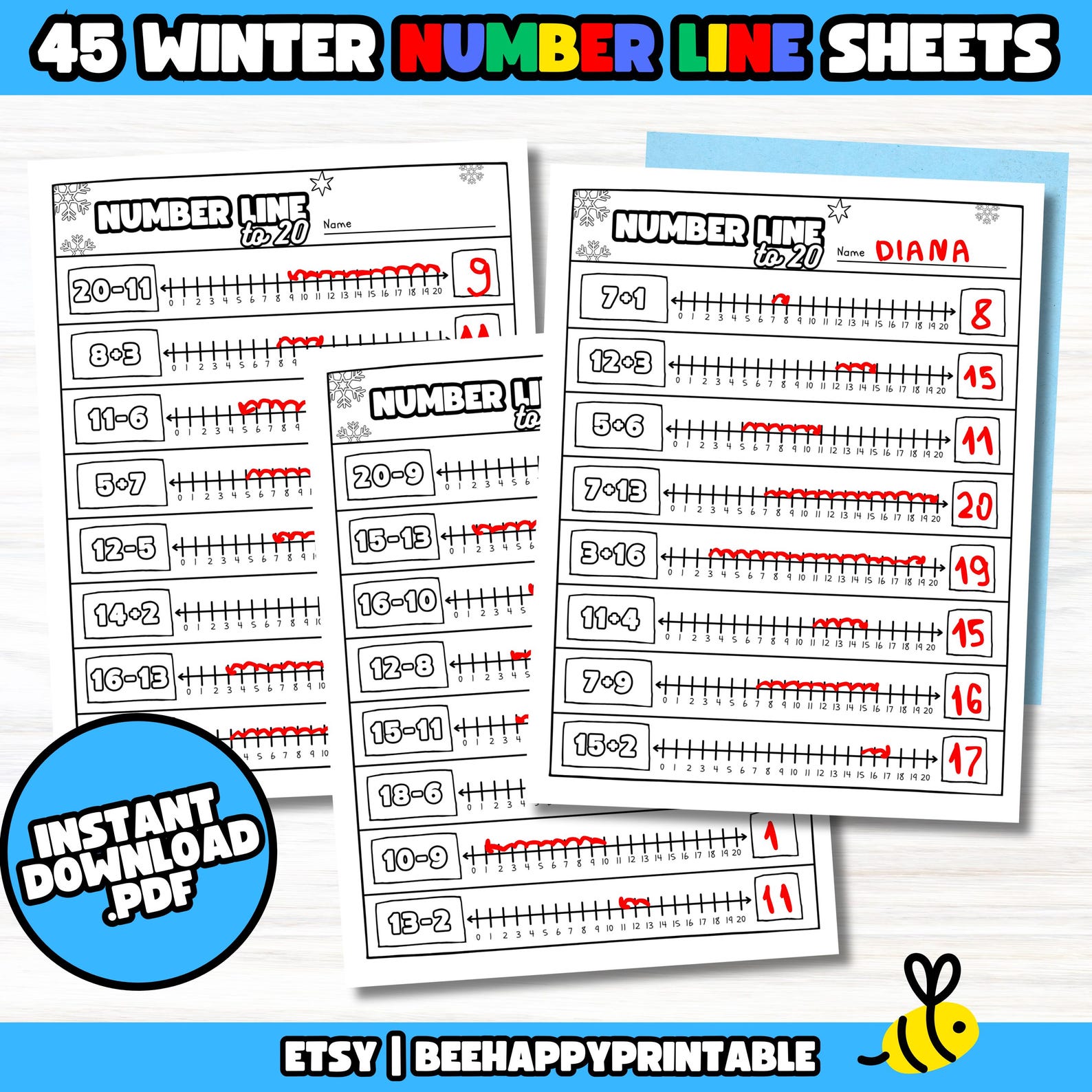 Winter Number Line to 20, Number Line Addition and Subtraction Within ...