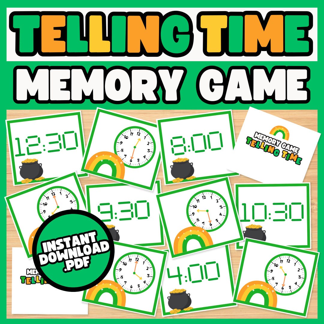 St Patrick's Day Telling Time Memory Game, 1st Grade Memory Match Game ...