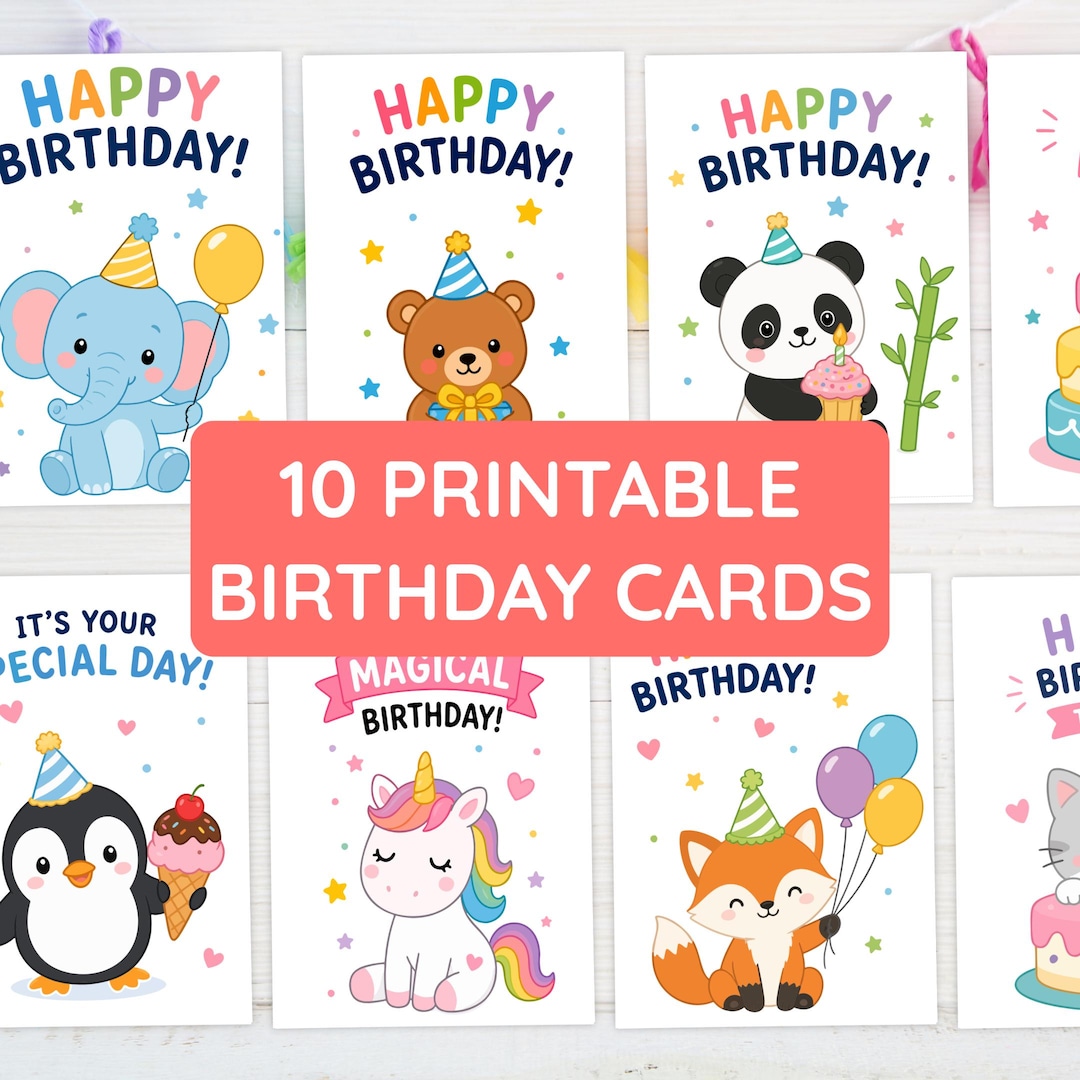 10 Printable Birthday Cards Bundle, Cute Animal Birthday Cards, Kids ...