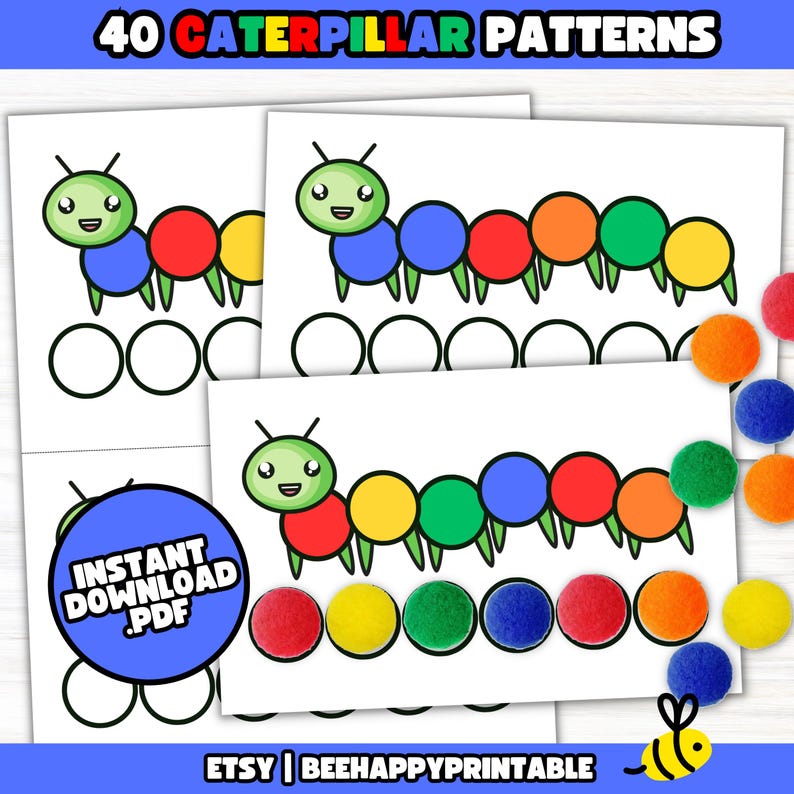 Printable Color Pattern Activity, Caterpillar Color Pattern, Pom Pom ...
