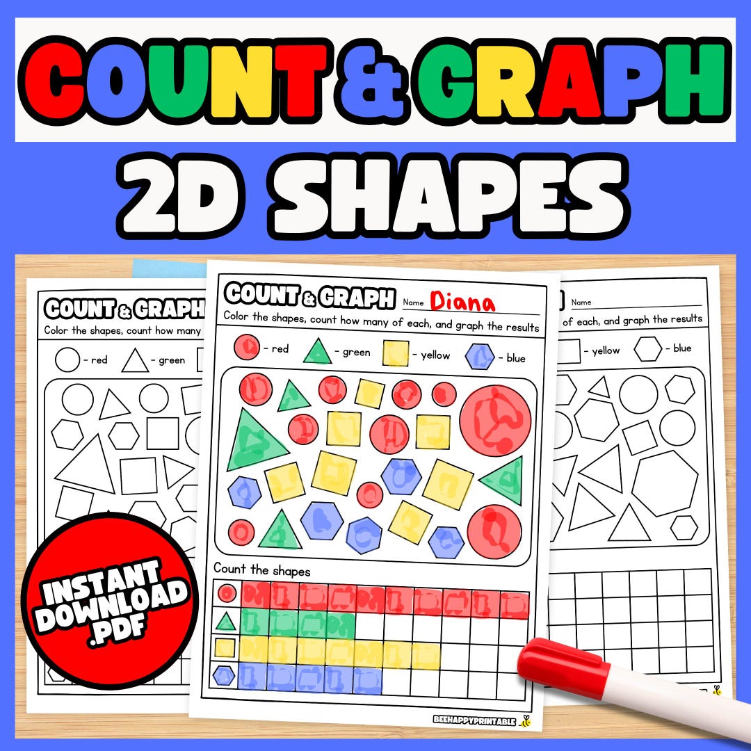 2D Shapes Color, Count and Graph Activity, 2D Shape Graphing Worksheets ...