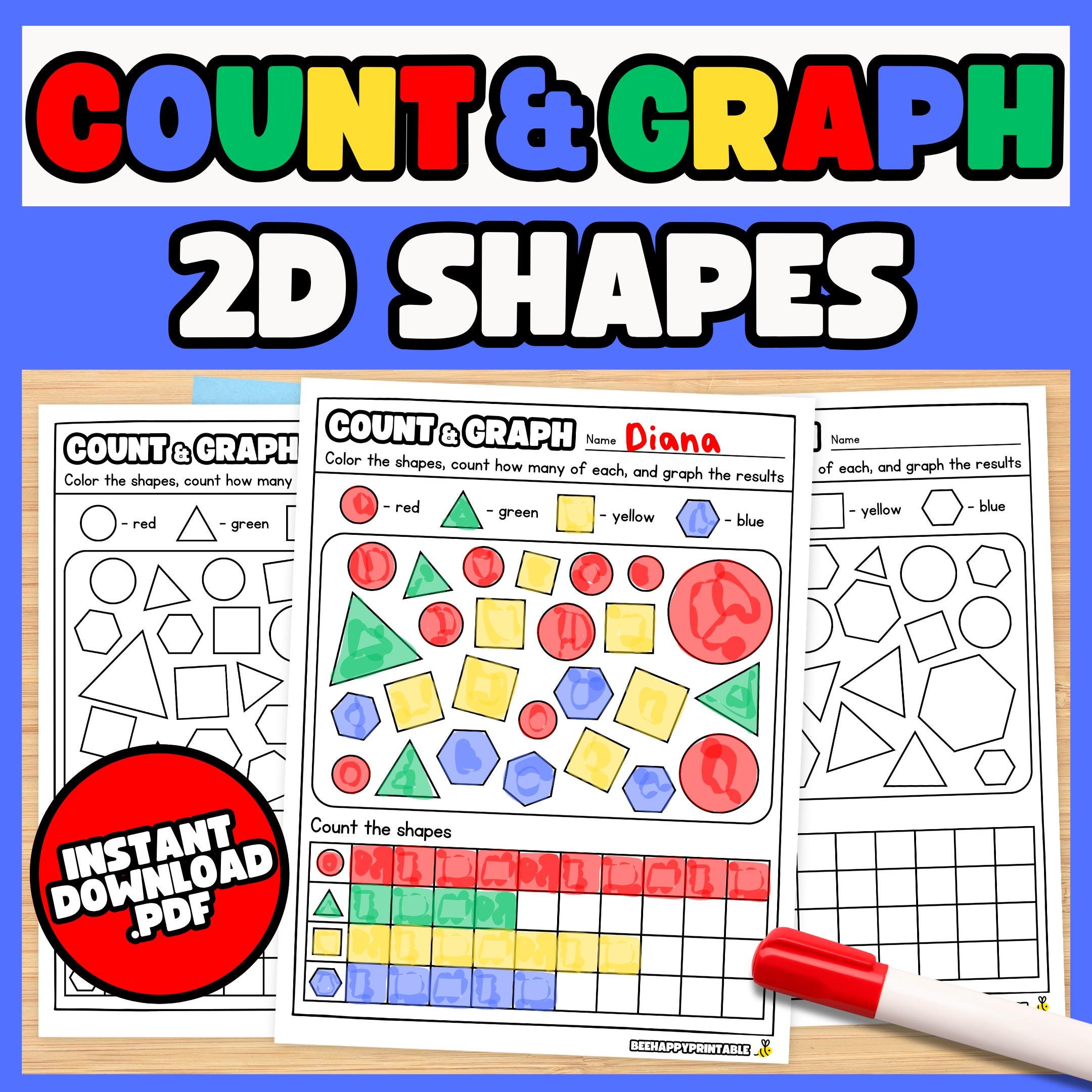 2D Shapes Color, Count and Graph Activity, 2D Shape Graphing Worksheets ...