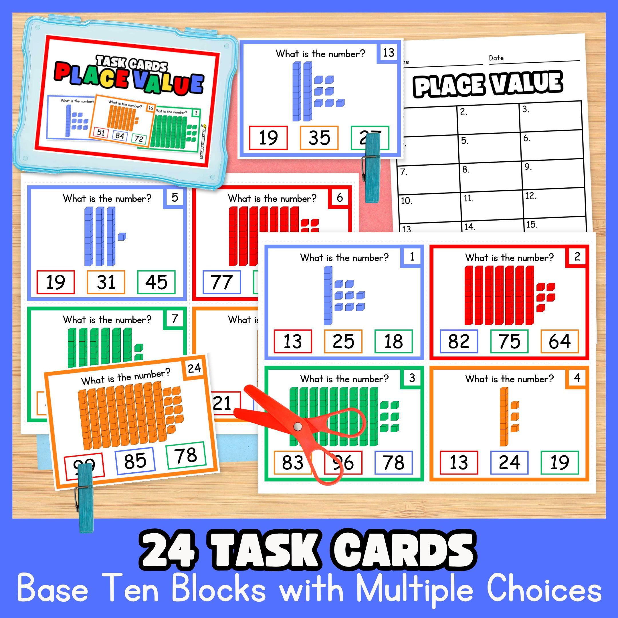 Place Value Task Cards, Base Ten Blocks Worksheets, 2-digit Numbers ...