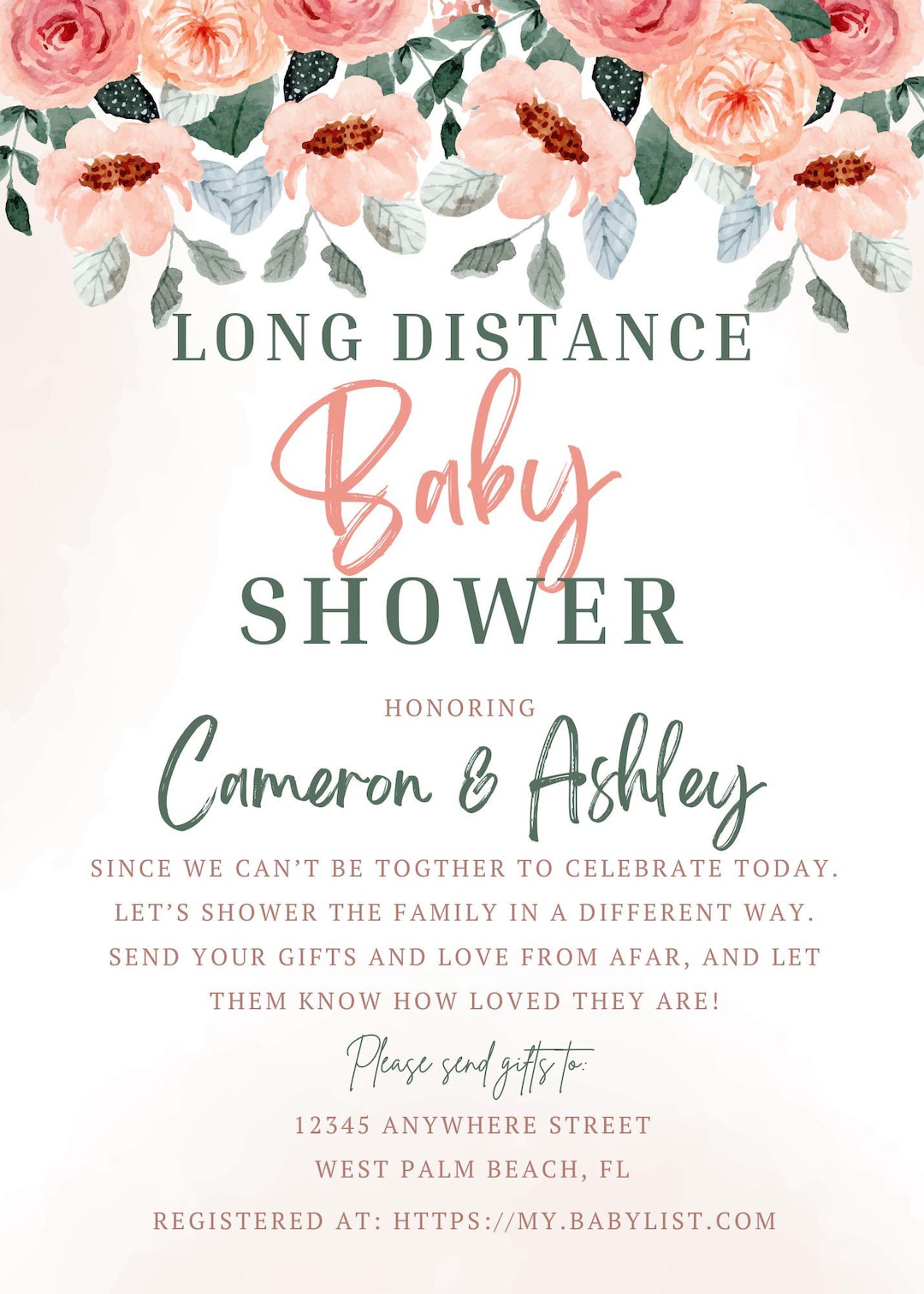 Floral Long Distance Baby Shower Invitation, Fully Customizable ...