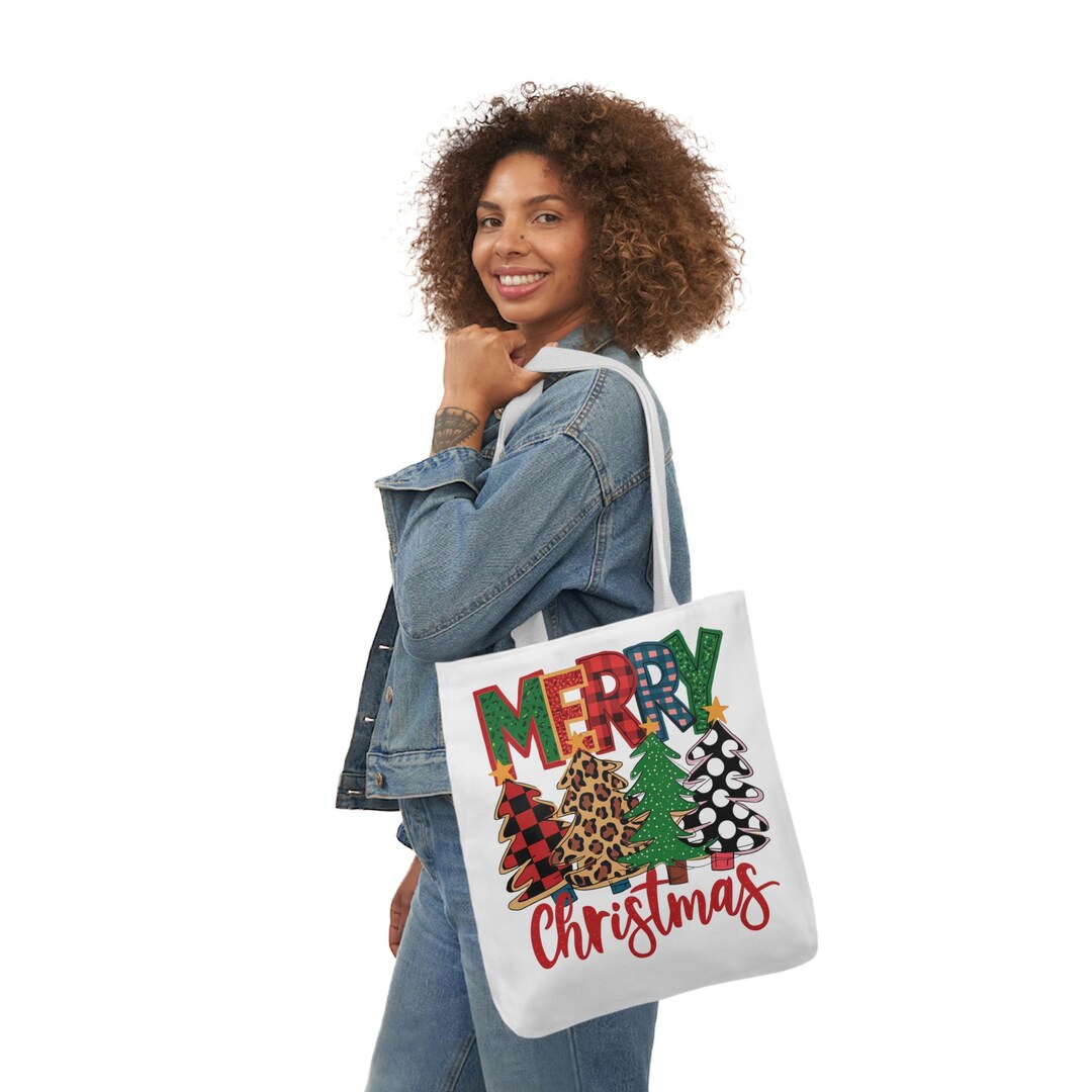 Canvas Tote Bag, Merry Christmas Tree Print, Holiday Shopping Bag ...
