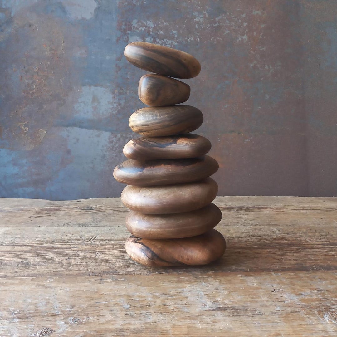 Hand Carved Walnut Wood Zen Stones: Meditation Balance Sculpture, Set ...